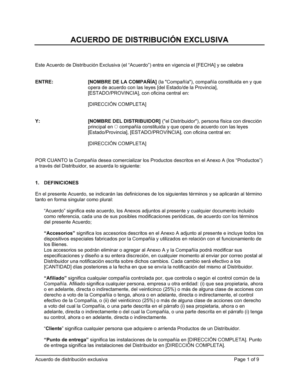 Acuerdo de distribución exclusiva | Descarga gratis en Word