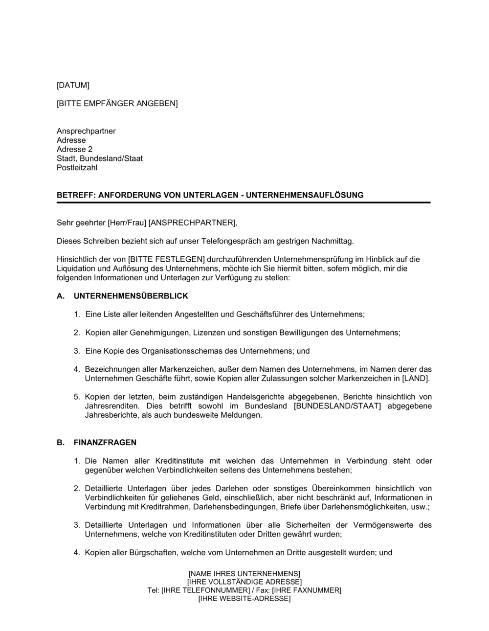 Anforderung von Unterlagen zur Unternehmensauflösung Template (Word ...