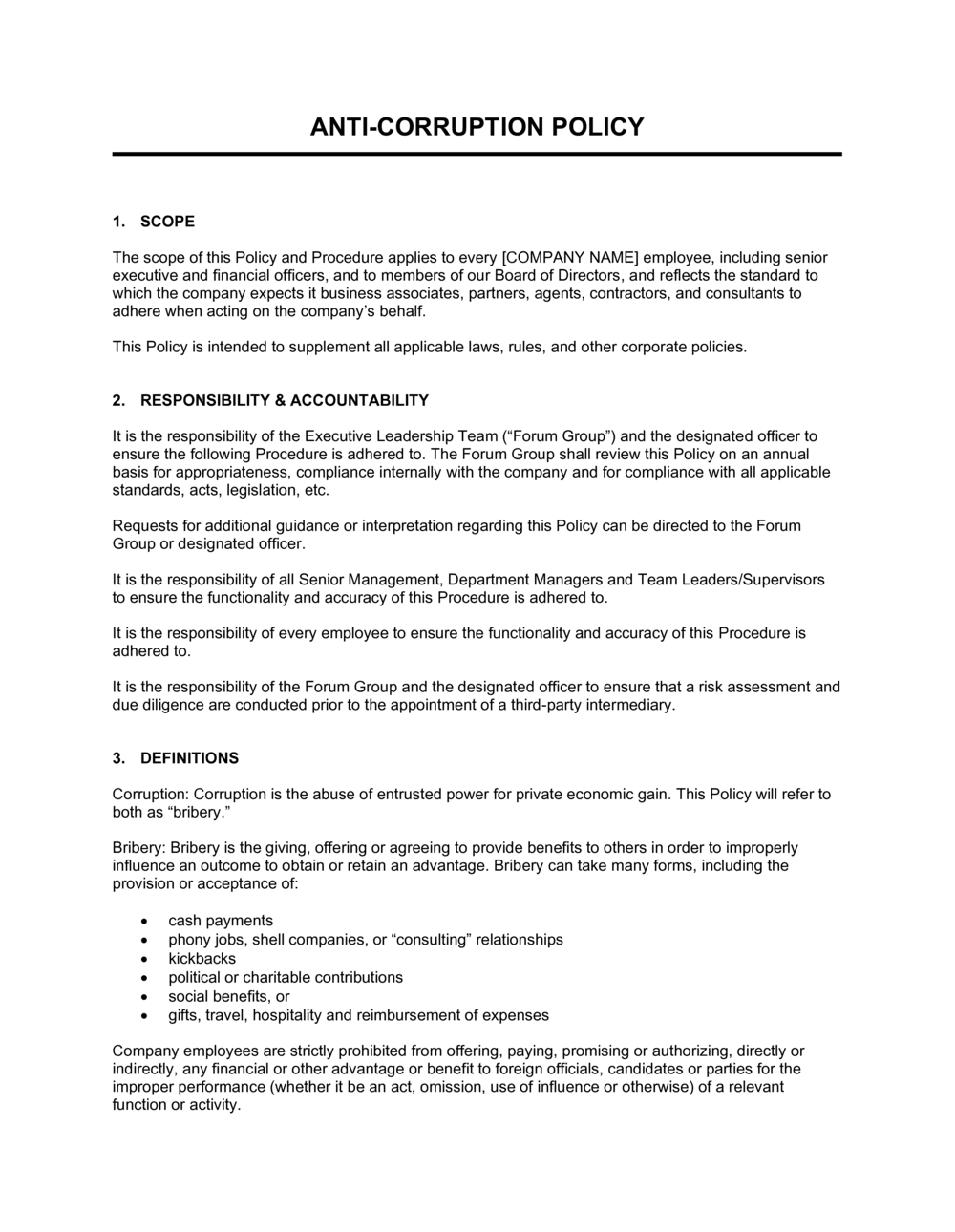 Anti Bribery Policy Template