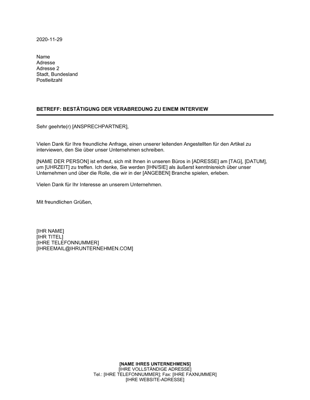 Bestätigung der Verabredung zu einem Interview Vorlage (Word & PDF ...