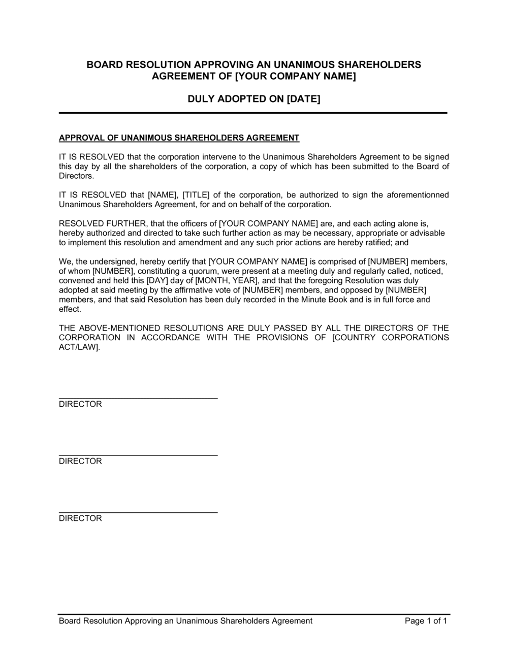 Unanimous Shareholder Agreement Template Sfiveband