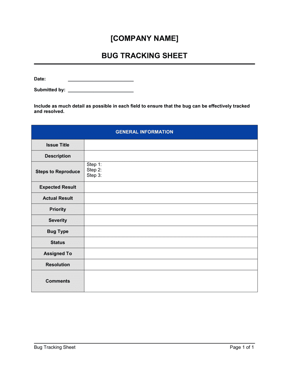 Bug Tracking Sheet Template
