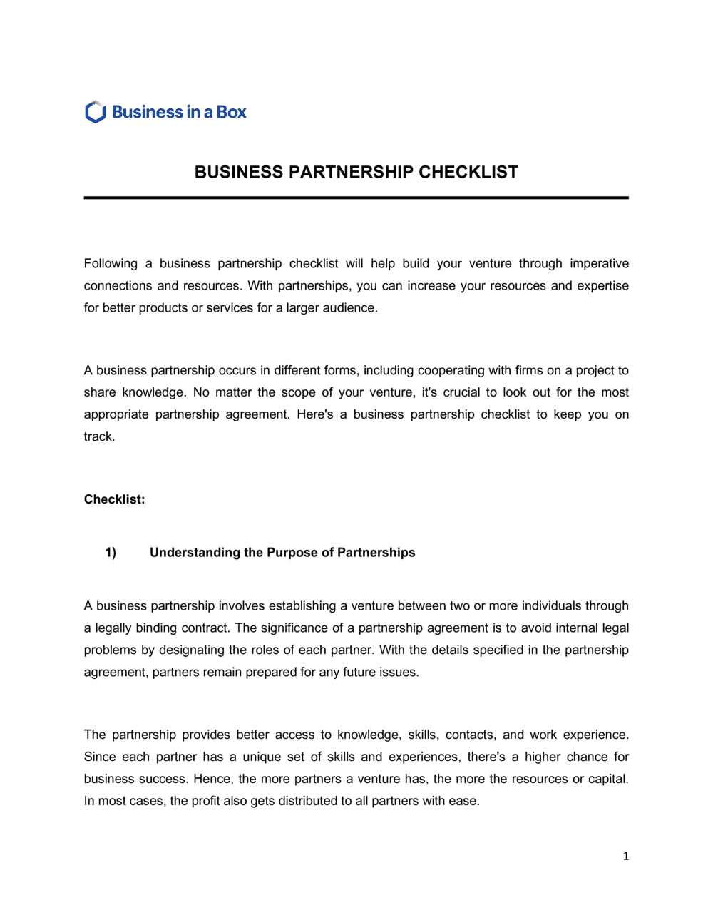 Business Partnership Checklist Template (Word & PDF) - Free Trial