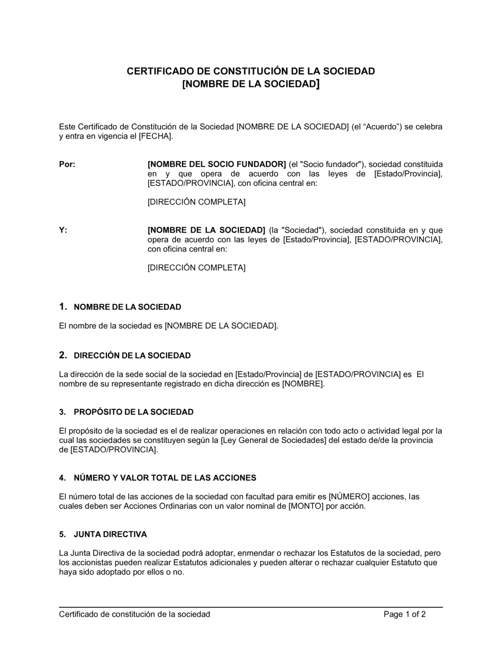 Certificado de constitución de la sociedad Plantilla (Word & PDF) - Prueba gratuita
