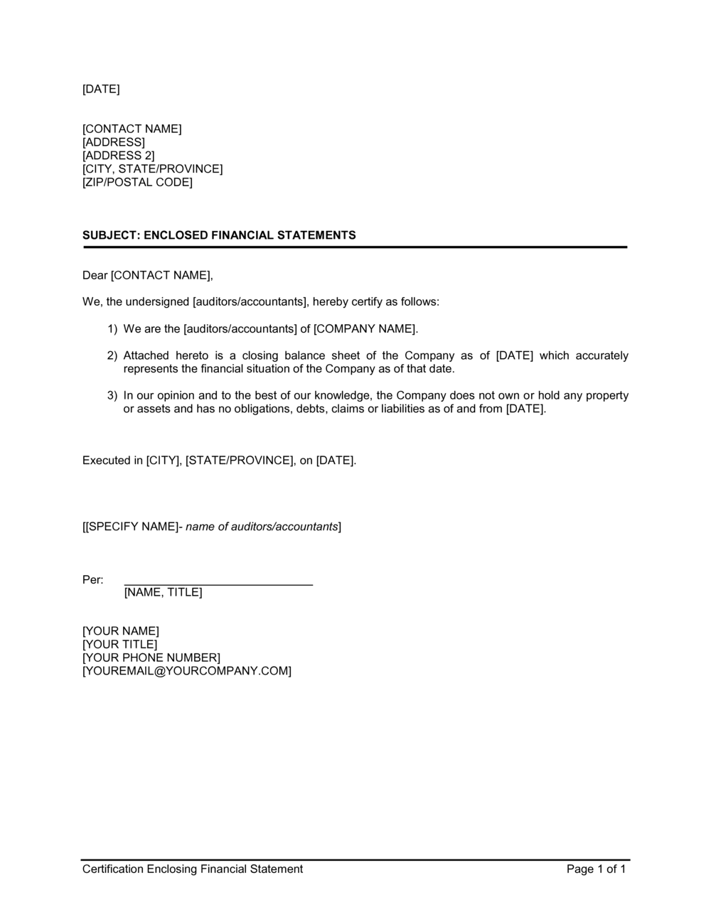 Certification Enclosing Financial Statements Template By Business in 