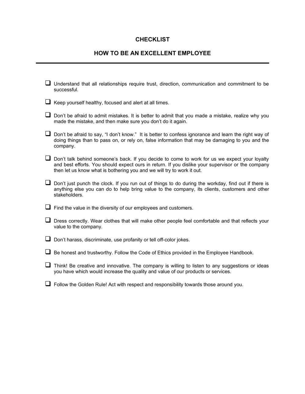 Checklist How To Be An Excellent Employee Template By Business in a Box 