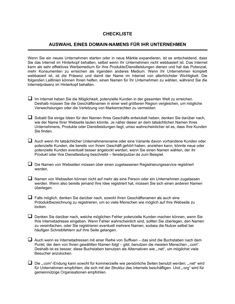 Checkliste Auswahl eines Domain-Namens für Ihr Unternehmen (Download)