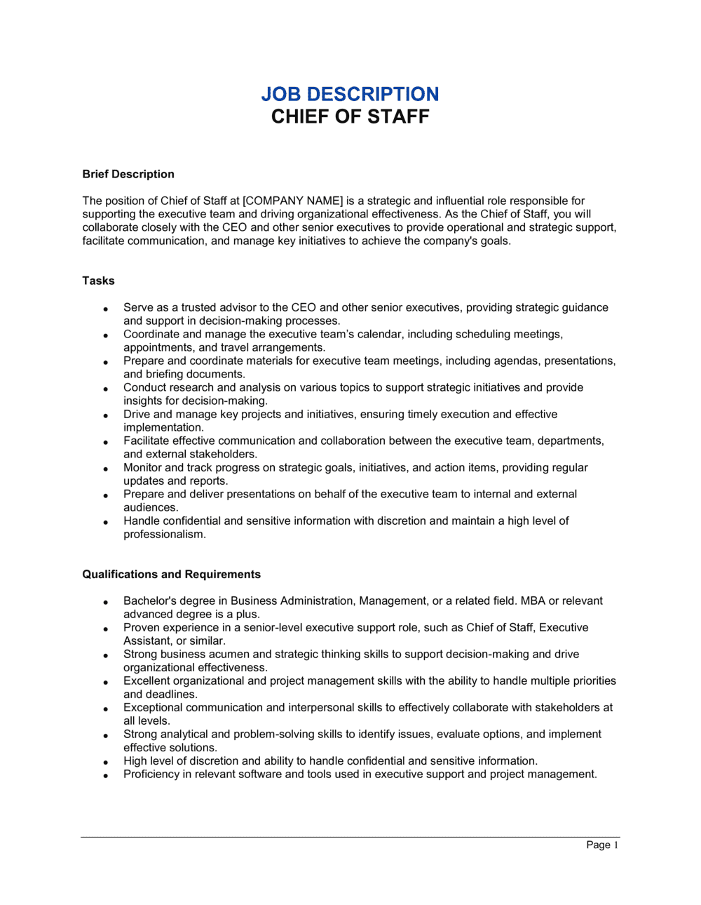 Chief Of Staff Job Description Template (Word & PDF) - Free Trial