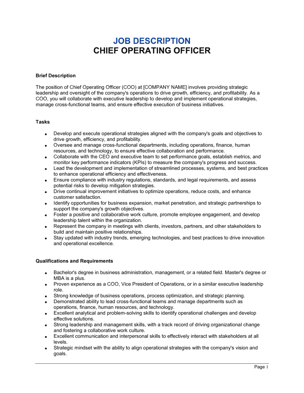 Chief Operating Officer Job Description Template (Word & PDF) - Free Trial