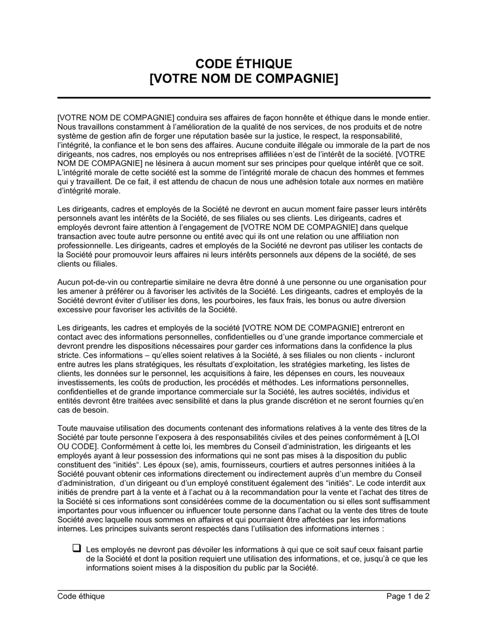 Code éthique Modèle (Word & PDF) - Essai gratuit