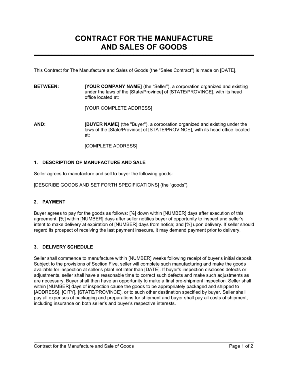 Contract For The Manufacture And Sale Of Goods Template By Business 