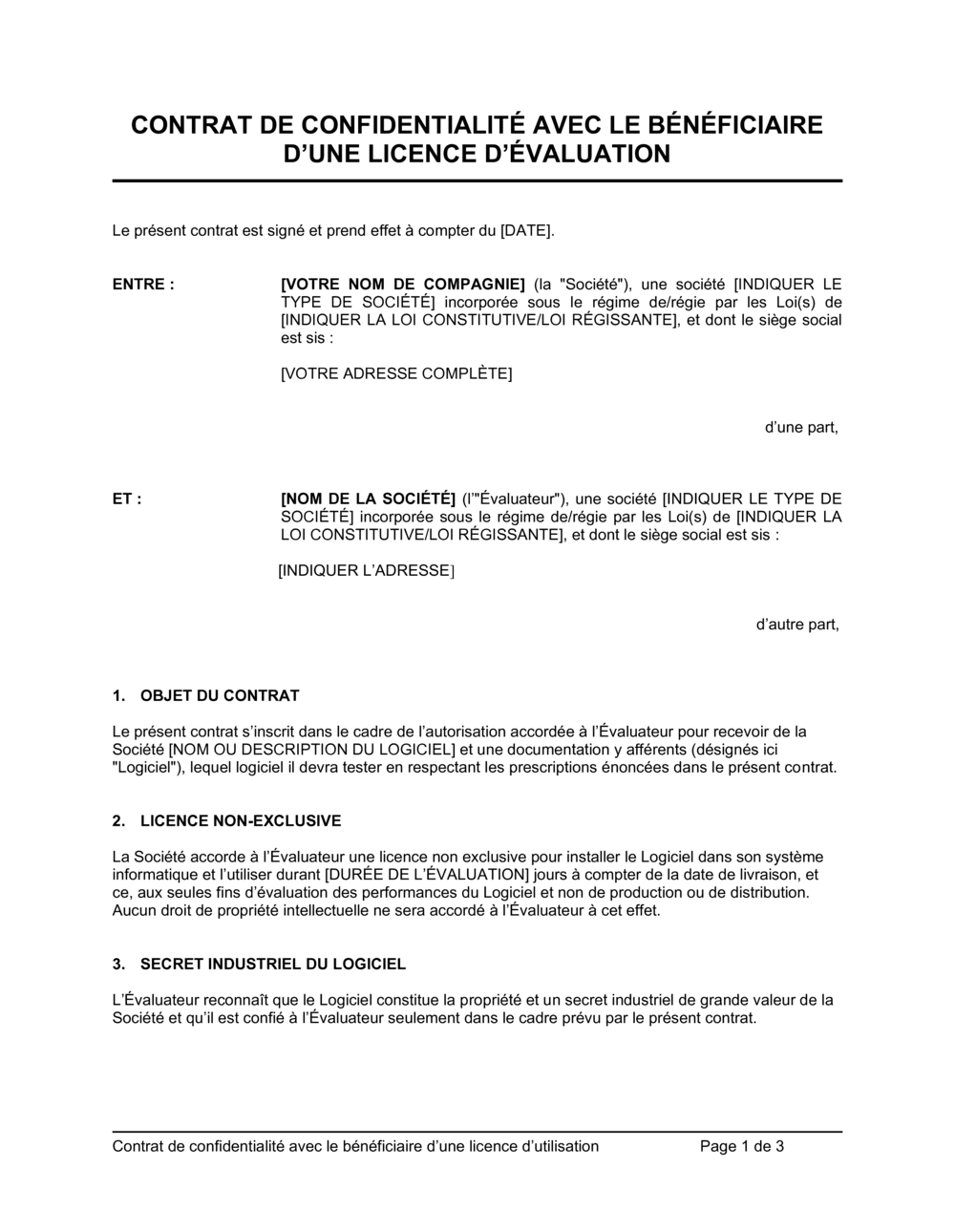 Contrat de confidentialité avec le bénéficiaire d'une licence d ...