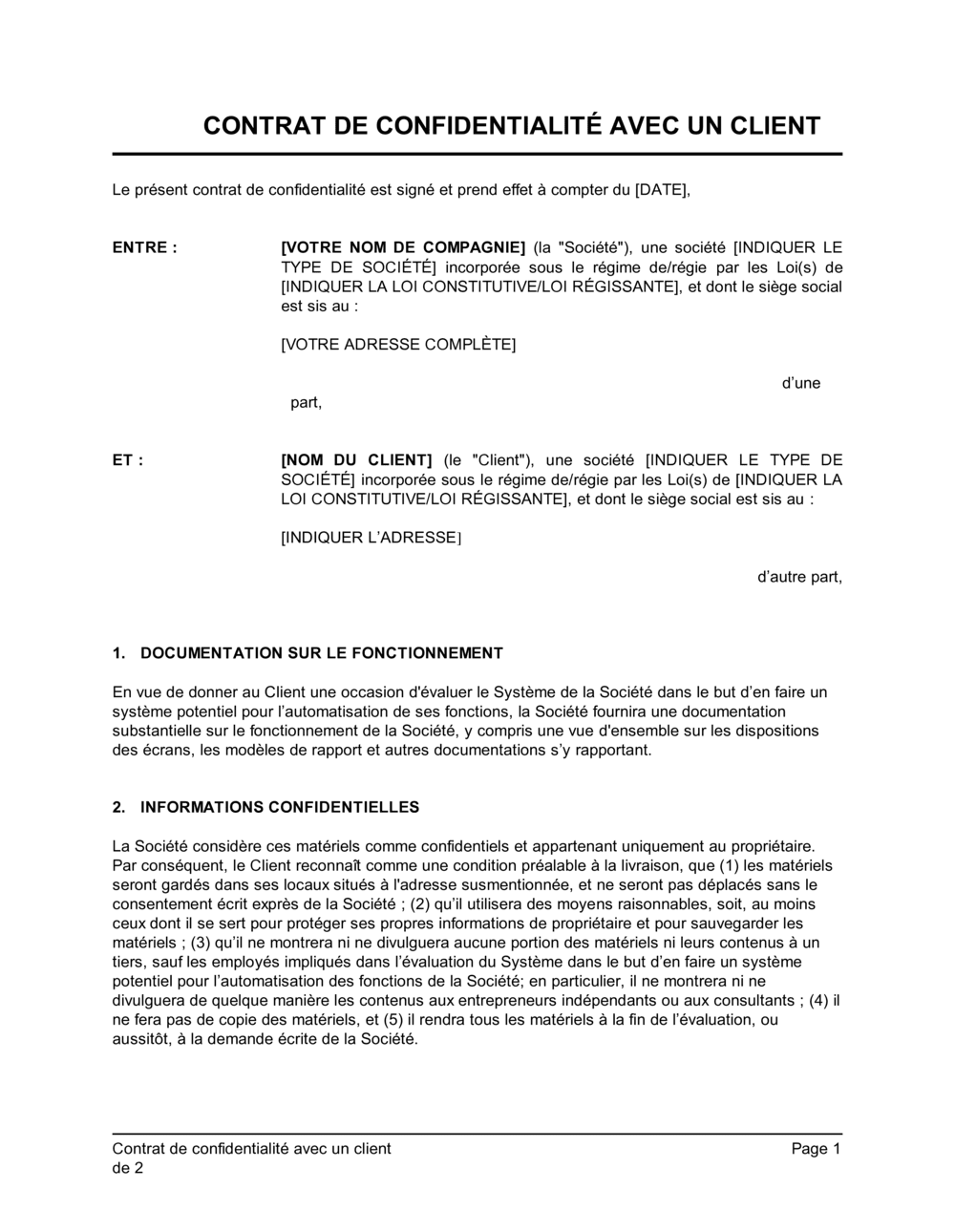 Contrat de confidentialité avec un client Modèle (Word & PDF) - Essai ...