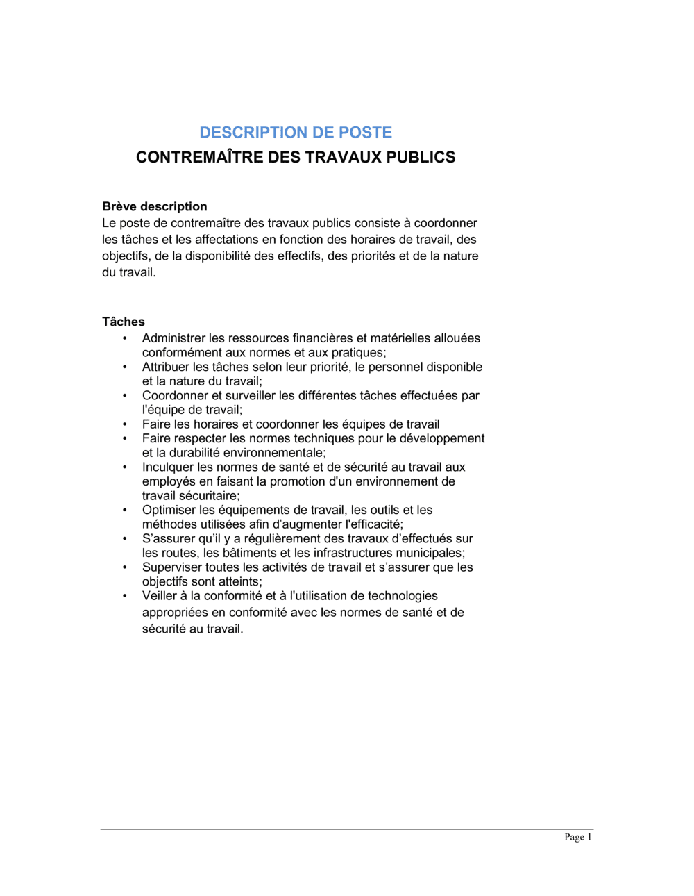 Contremaître des travaux publics Description de poste [Free Download ...