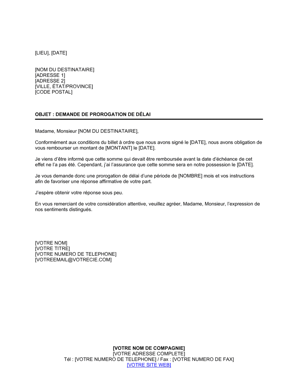 Demande de prorogation de délai de remboursement Modèle (Word & PDF) - Essai gratuit