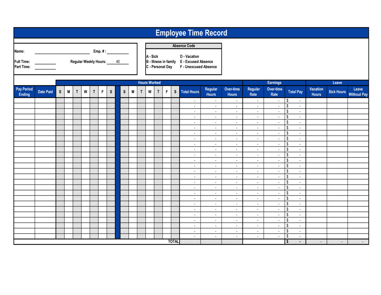 Employee Time Record Template By Business in a Box 