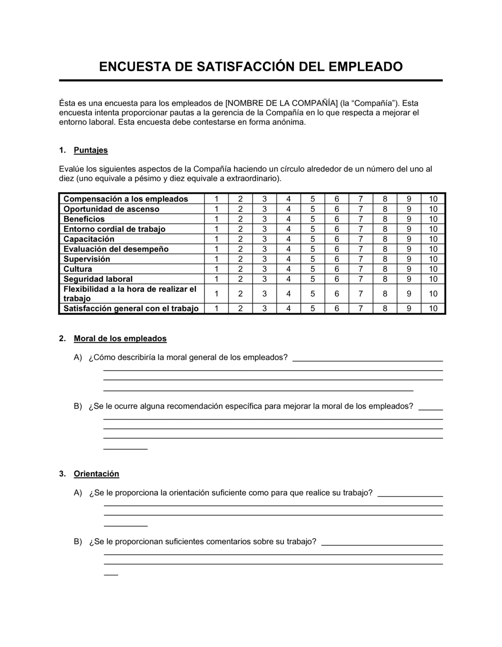 Encuesta de satisfacción del empleado Plantilla (Word & PDF) - Prueba gratuita