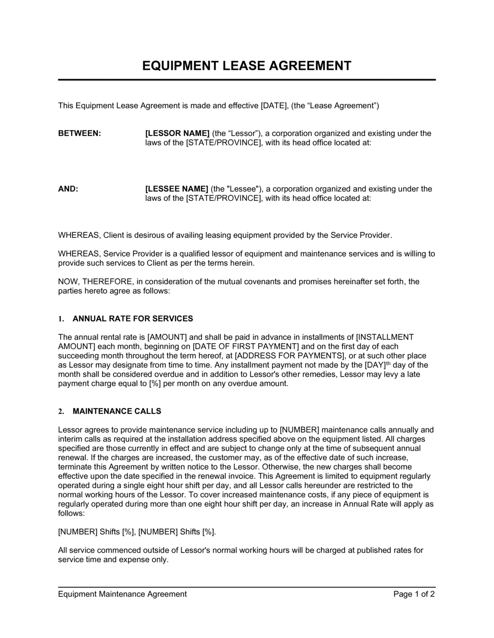 Equipment Lease Agreement Short Template | Business-in-a-Box™