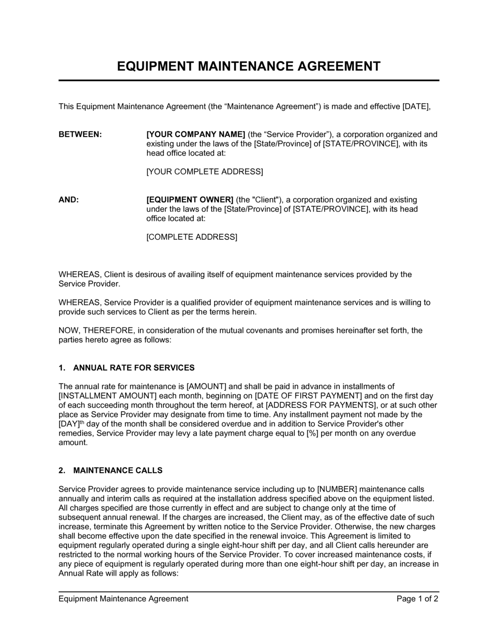 Equipment Maintenance Agreement Template By Business in a Box 