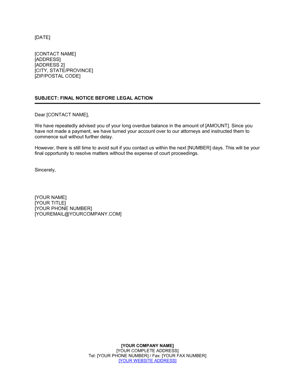 Final Notice Letter Before Legal Action For Your Needs Letter 