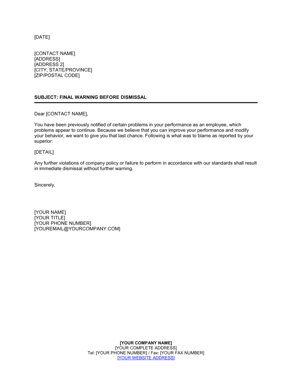 Final Warning Before Dismissal Template By Business in a Box 