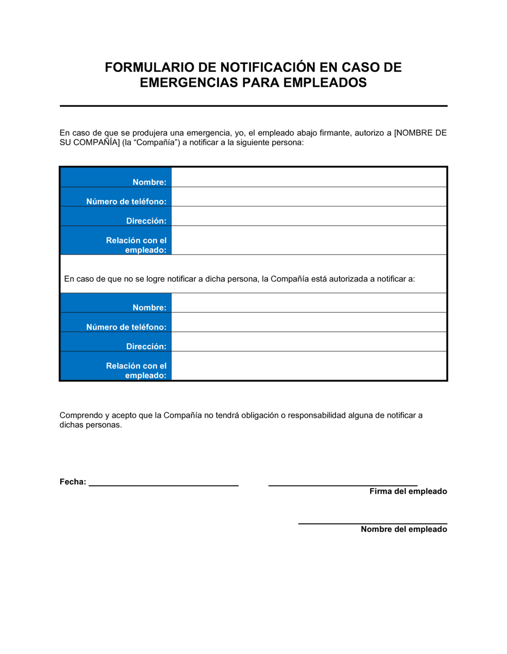 Formulario de notificación de emergencias para empleados Plantilla ...
