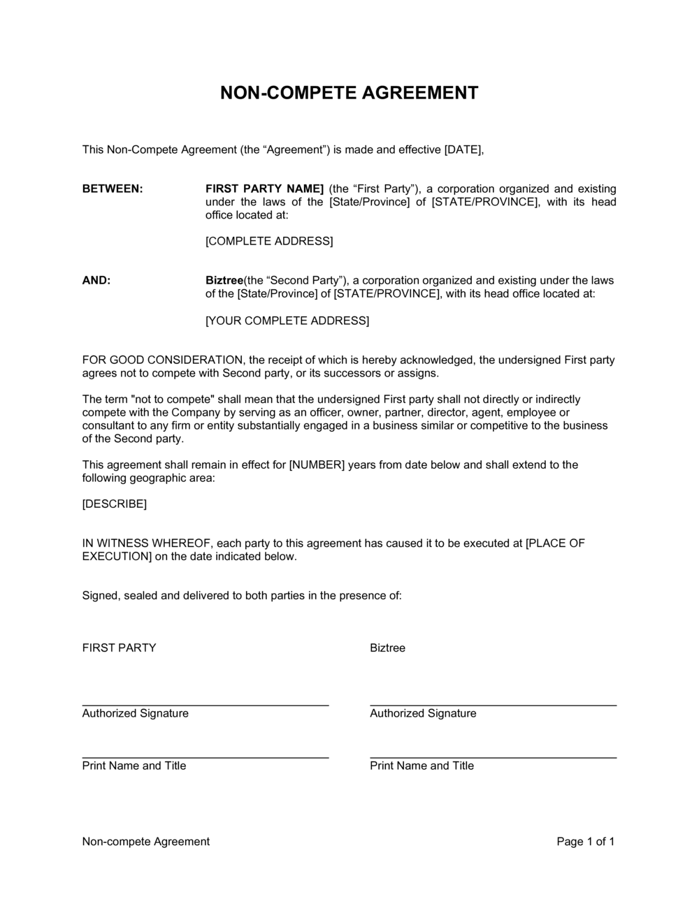 Subcontractor Non Compete Agreement Template
