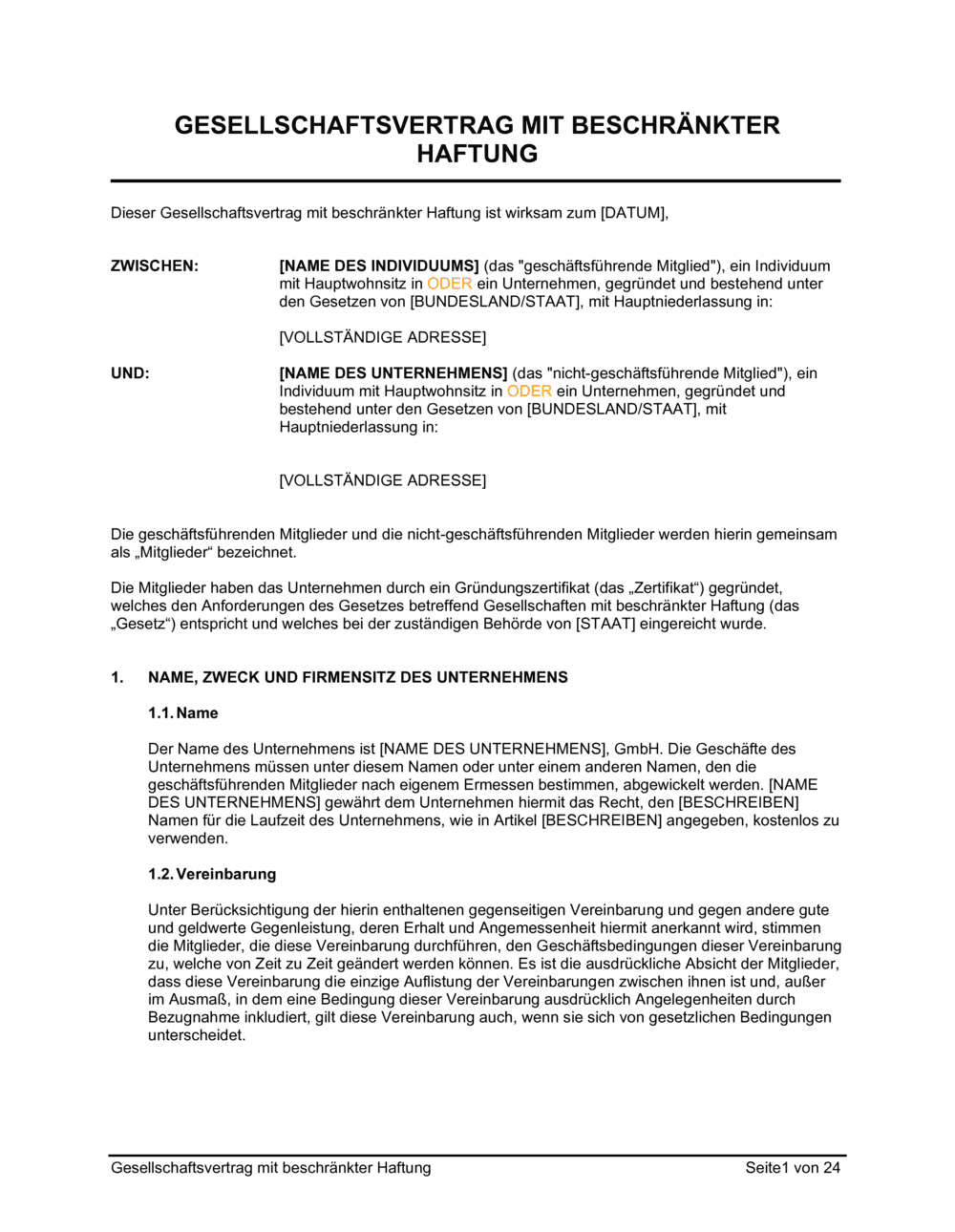 Gesellschaftsvertrag mit beschränkter Haftung Vorlage (Word & PDF ...