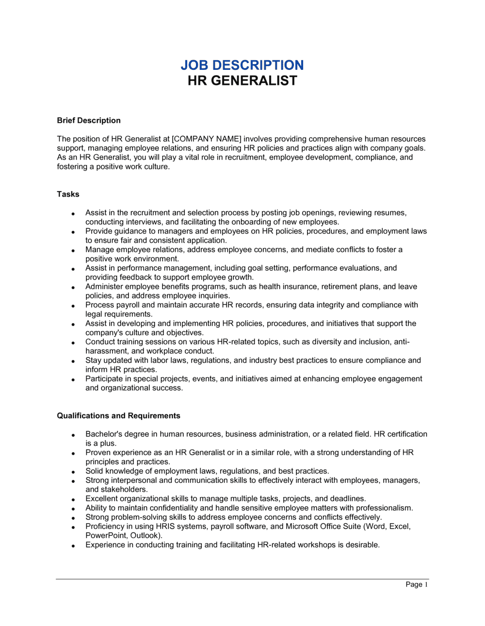 HR Generalist Job Description Template (Word & PDF) - Free Trial