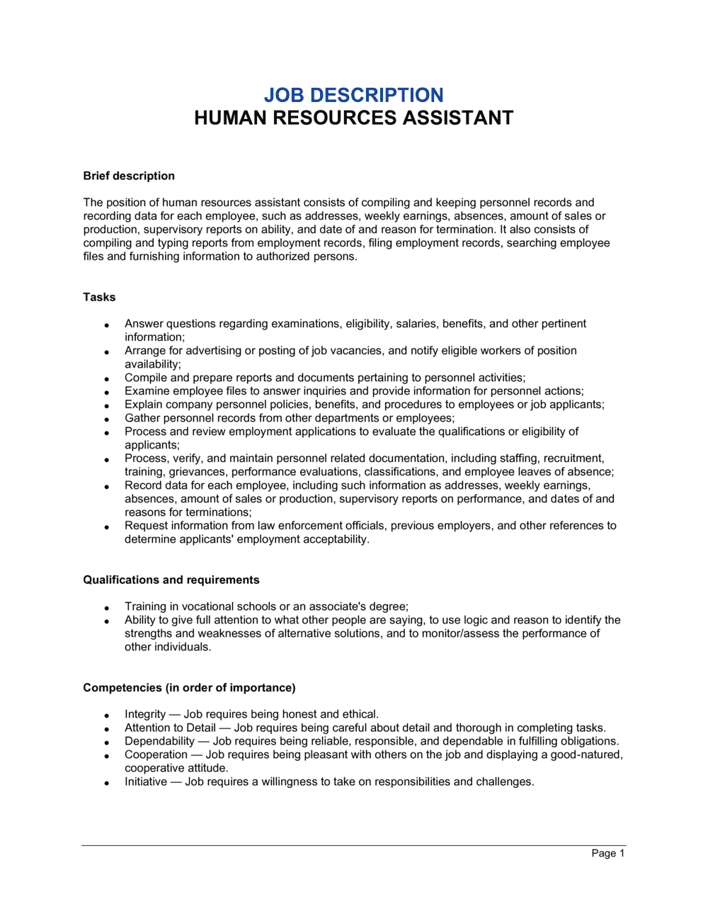 Human Resources Assistant Job Description Template By Business in a Box 