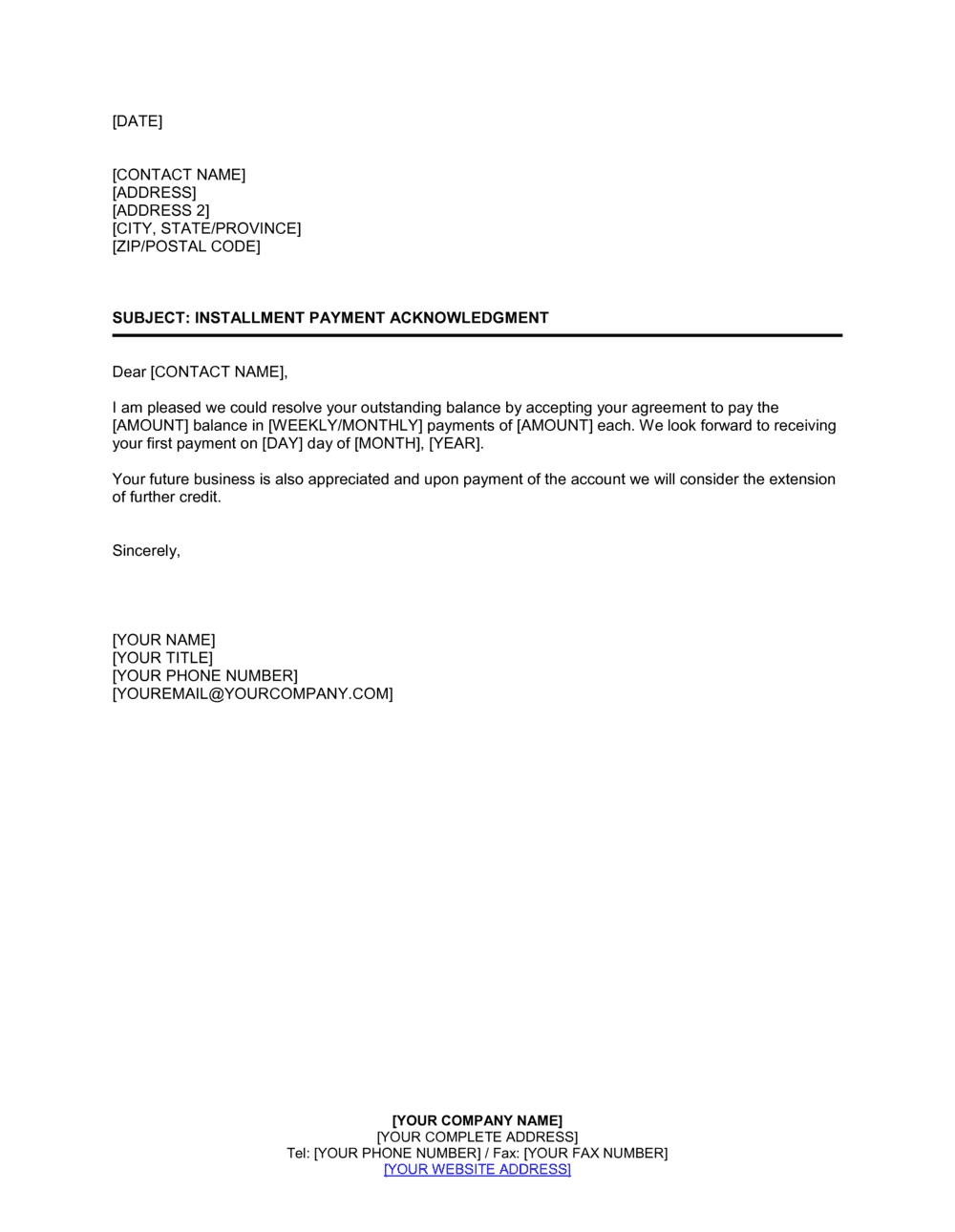 Installment Payment Acknowledgment Template | Business-in-a-Box™