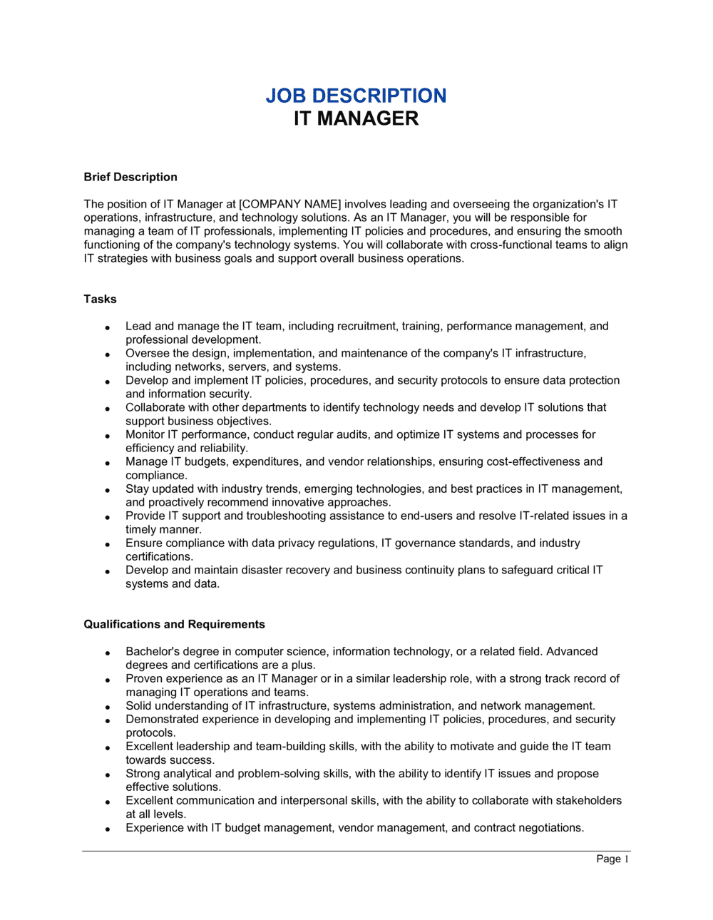 IT Manager Job Description Template (Word & PDF) - Free Trial