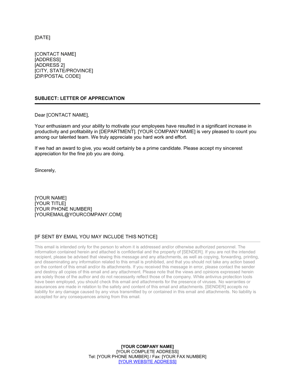 Letter Of Appreciation To Employee Template By Business in a Box 