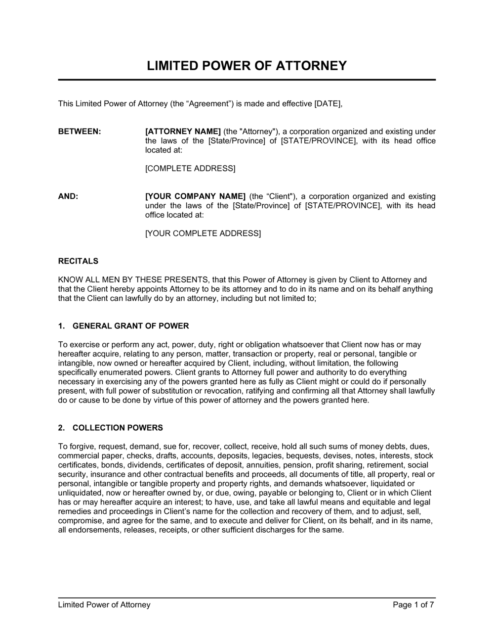 Limited Power Of Attorney Template By Business in a Box 
