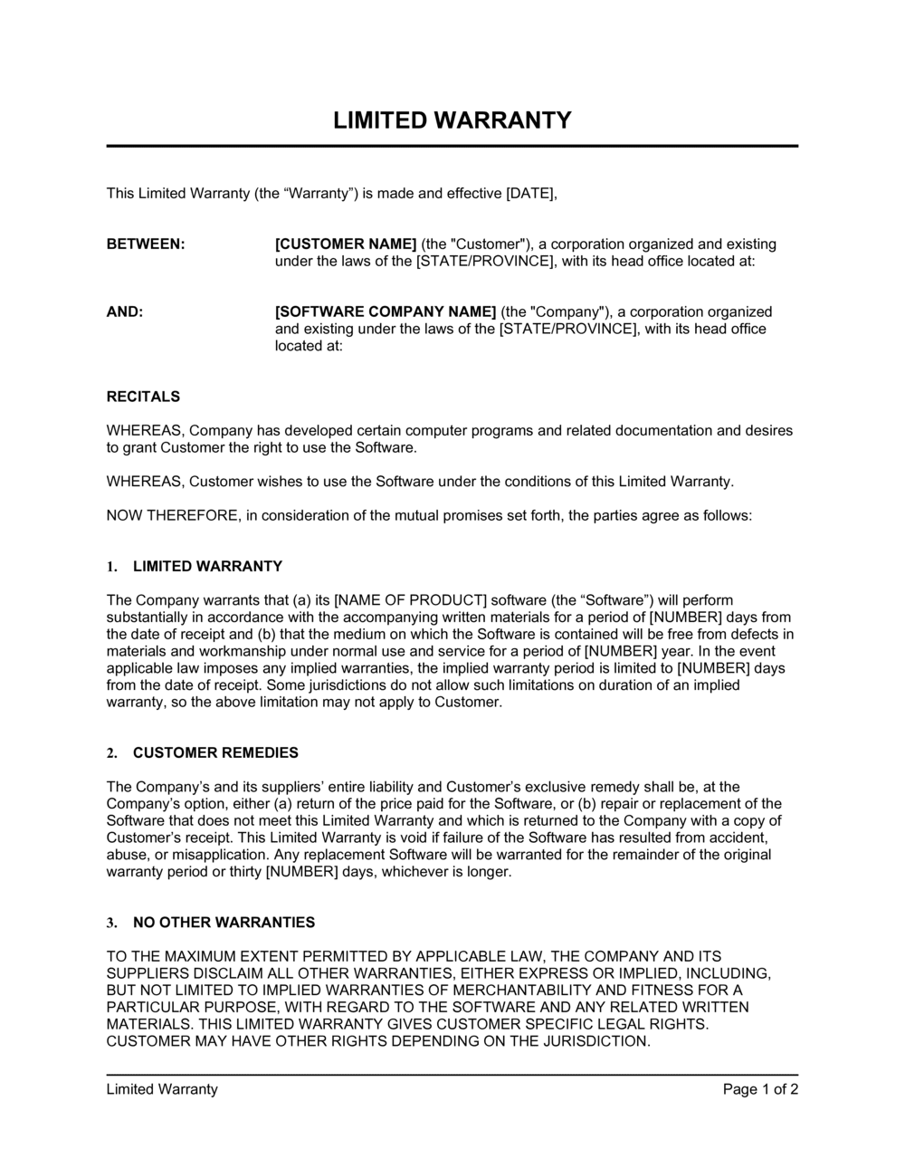 Software Warranty Agreement Template