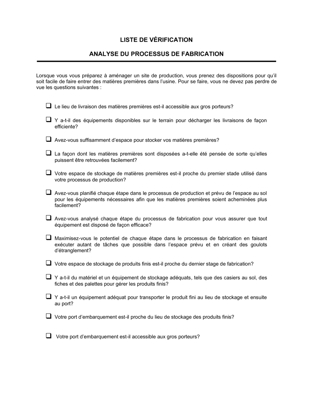 Liste de vérification Analyse du processus de fabrication Modèle (Word ...