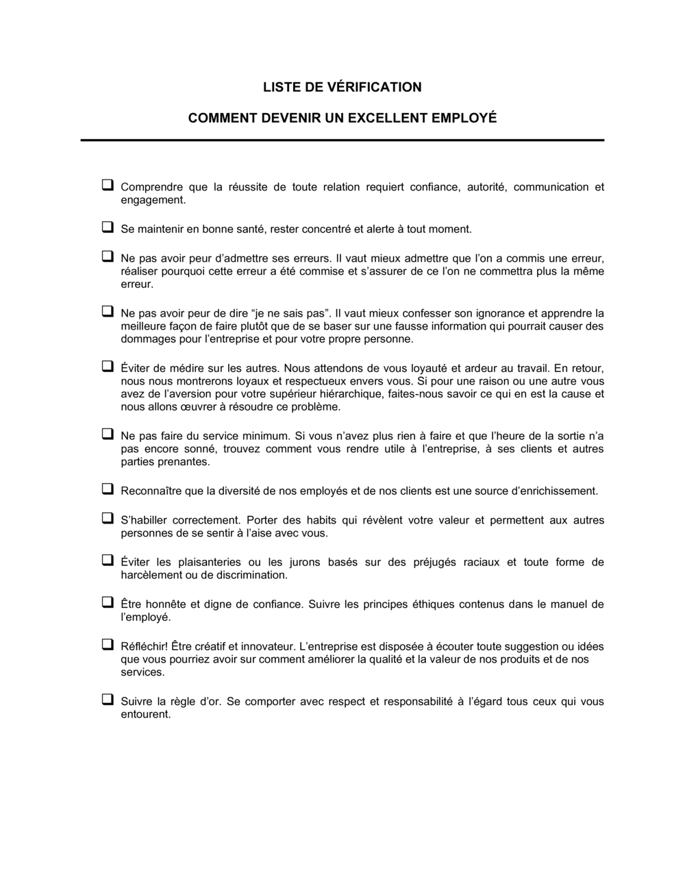 Liste de vérification Comment devenir un excellent employé Modèle ...