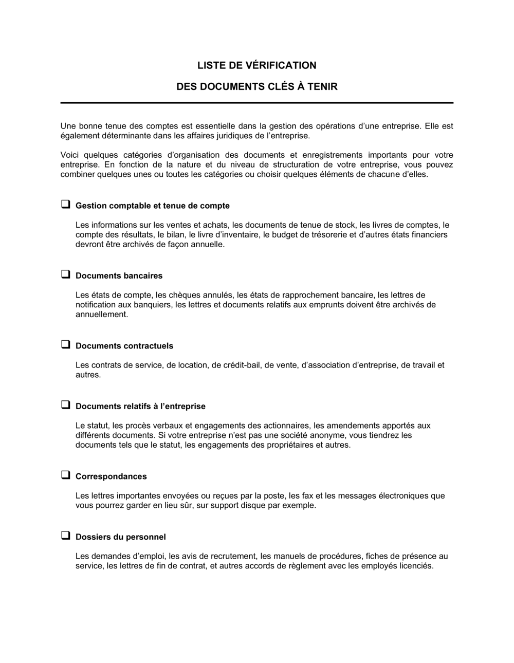Liste de vérification Documents clés à tenir | BIB