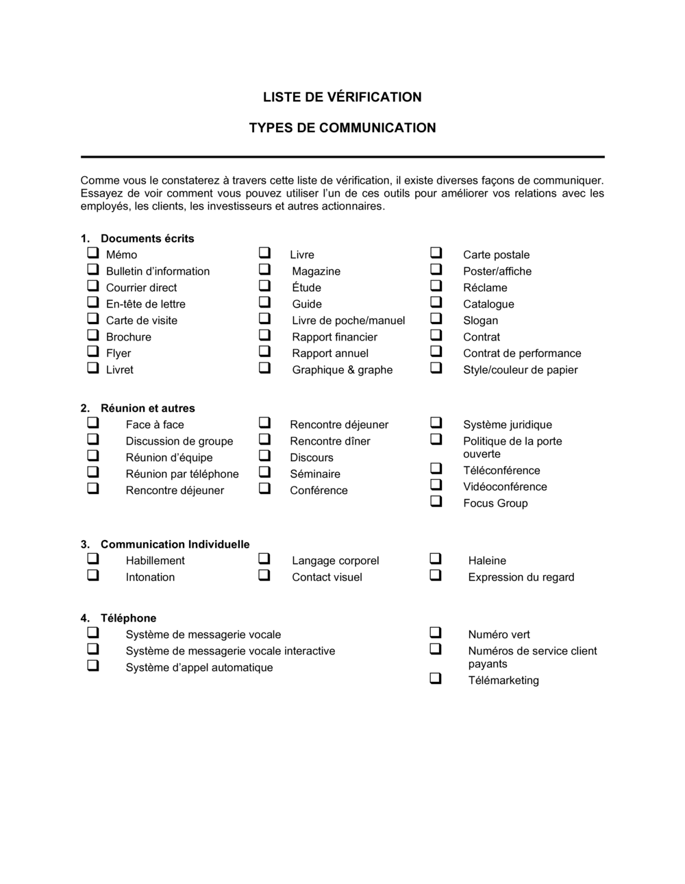 Liste de vérification Types de communication (marketing) Modèle | Free ...