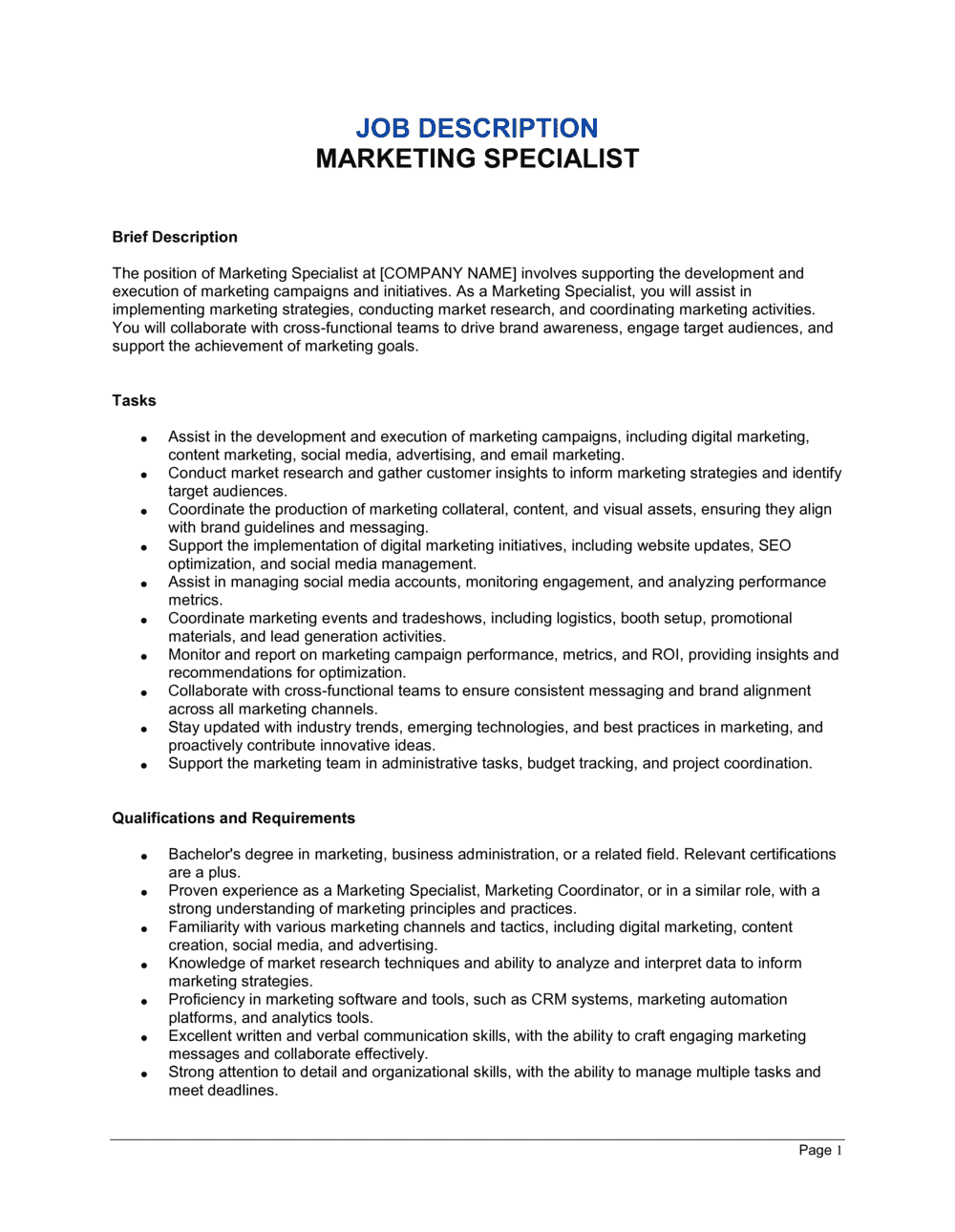 Marketing Specialist Job Description Template (Word & PDF) - Free Trial