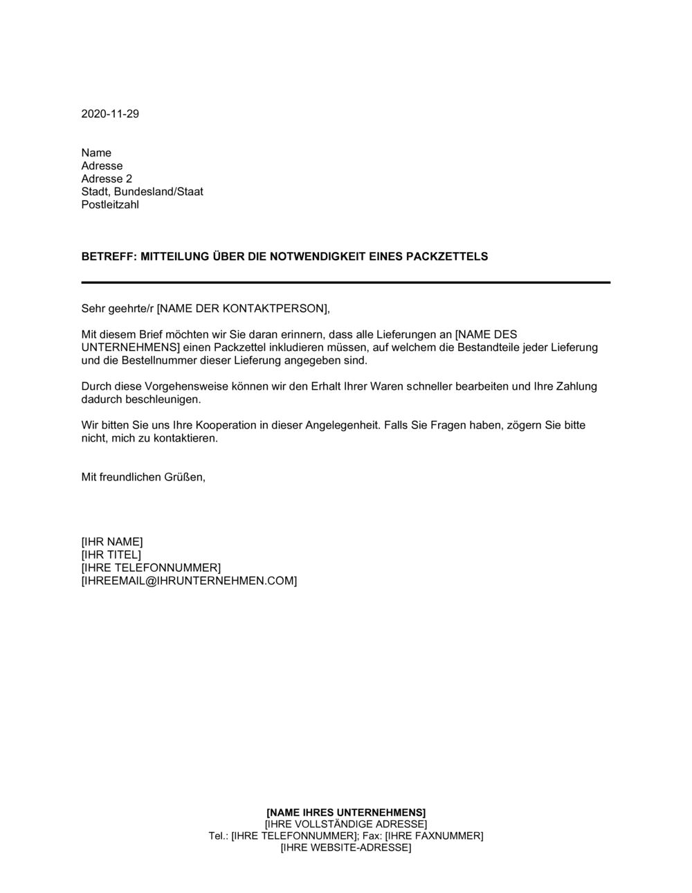 Mitteilung über die Notwendigkeit eines Packzettels Template (Word ...