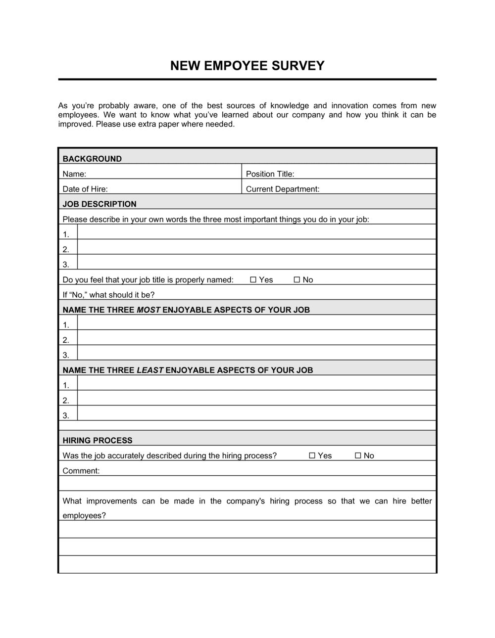 New Employee ionnaire Template