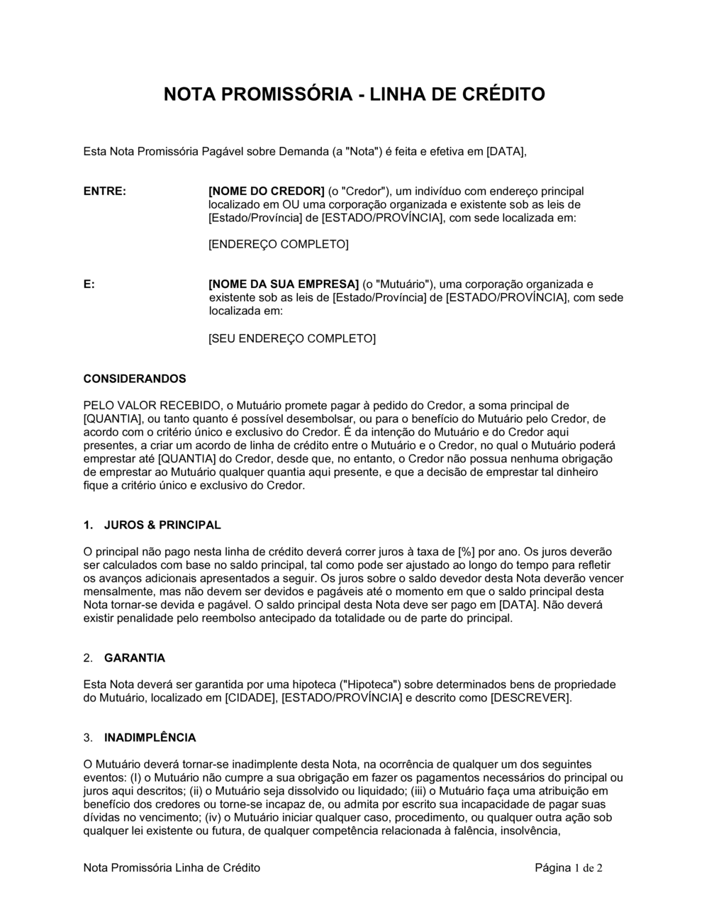 Nota Promissória Linha de Crédito Modelo | Free Word & PDF