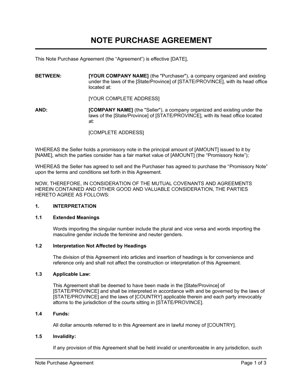 Note Purchase Agreement Template By Business in a Box 