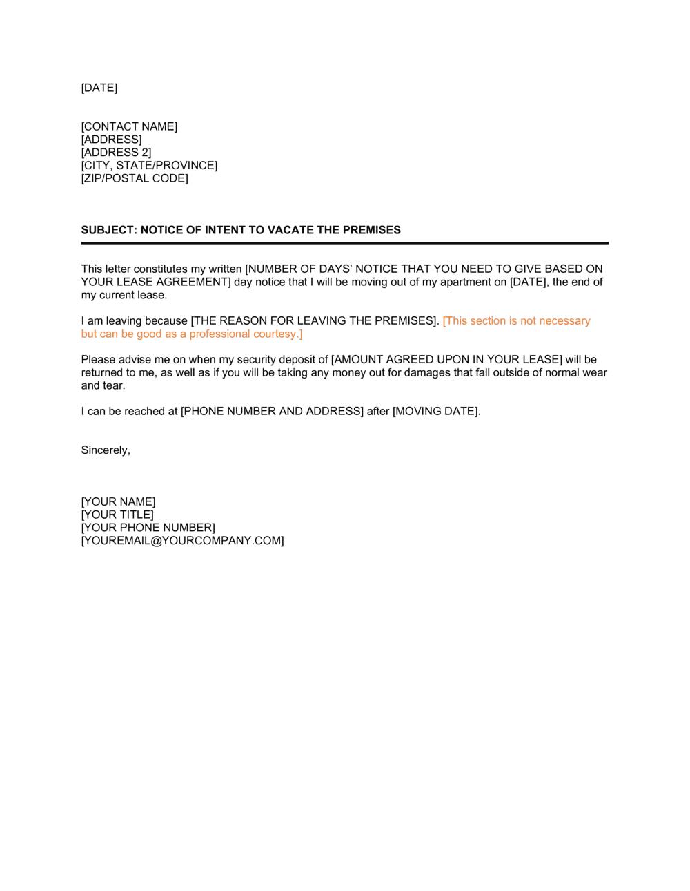 Notice Of Intent To Vacate Premises Letter Infoupdate