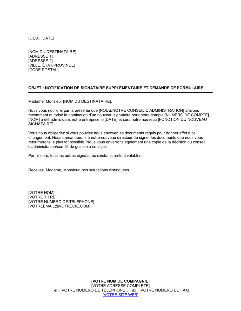 Notification de signataire supplémentaire et demande de formulaire ...