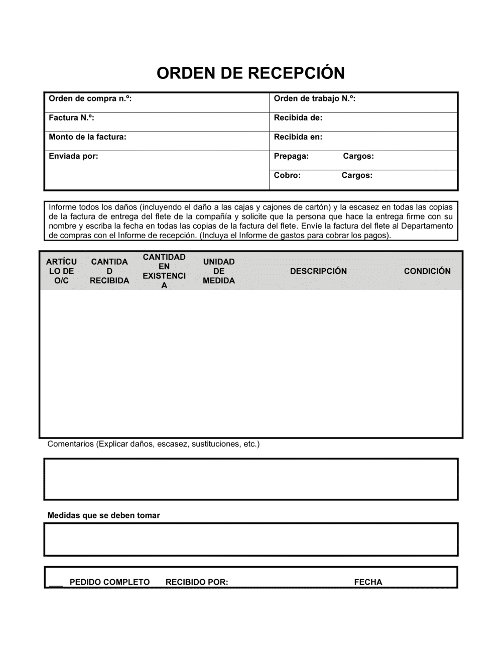 Orden de recepción Plantilla (Word & PDF) - Prueba gratuita