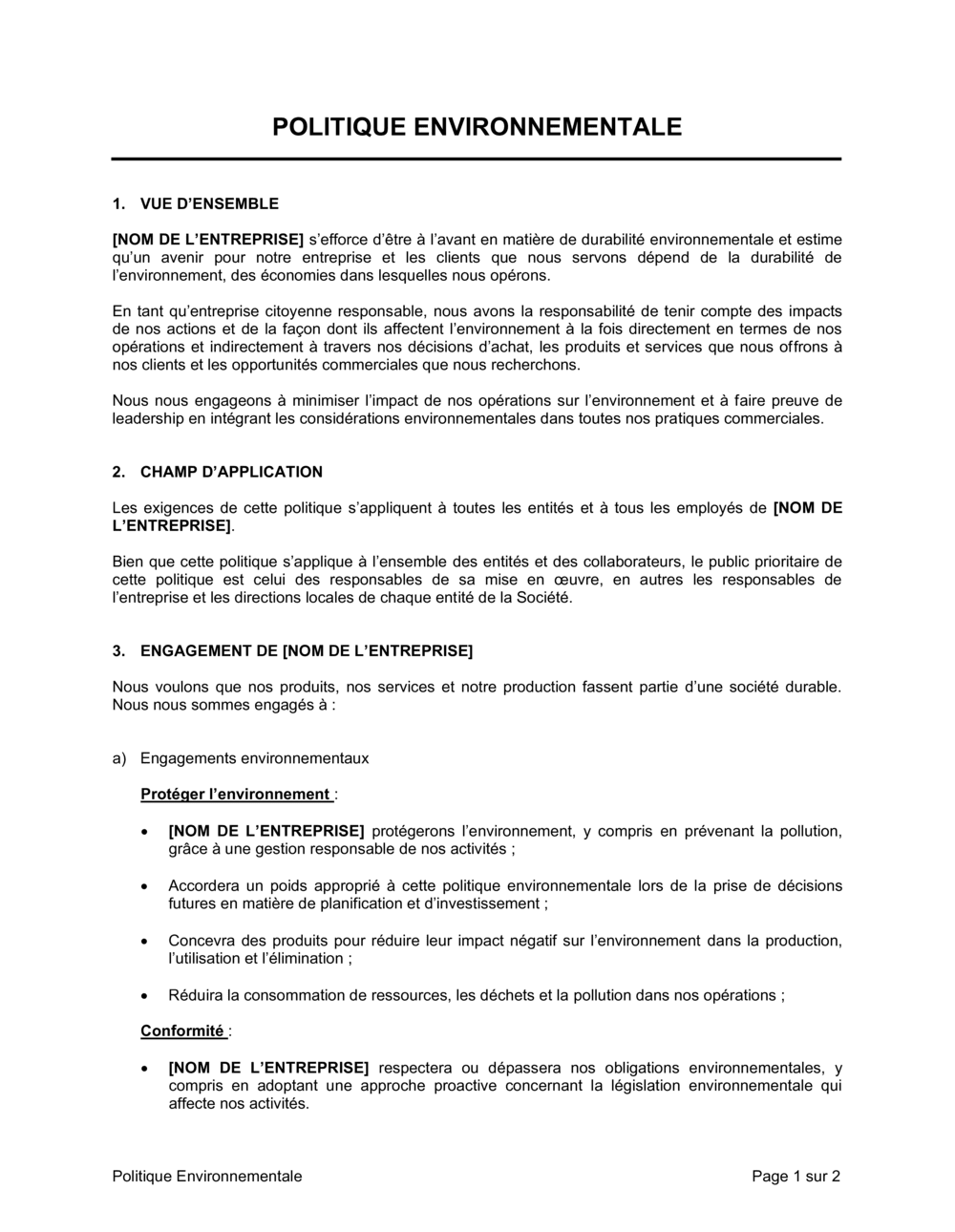 Politique Environnementale Modèle (Word & PDF) - Essai gratuit