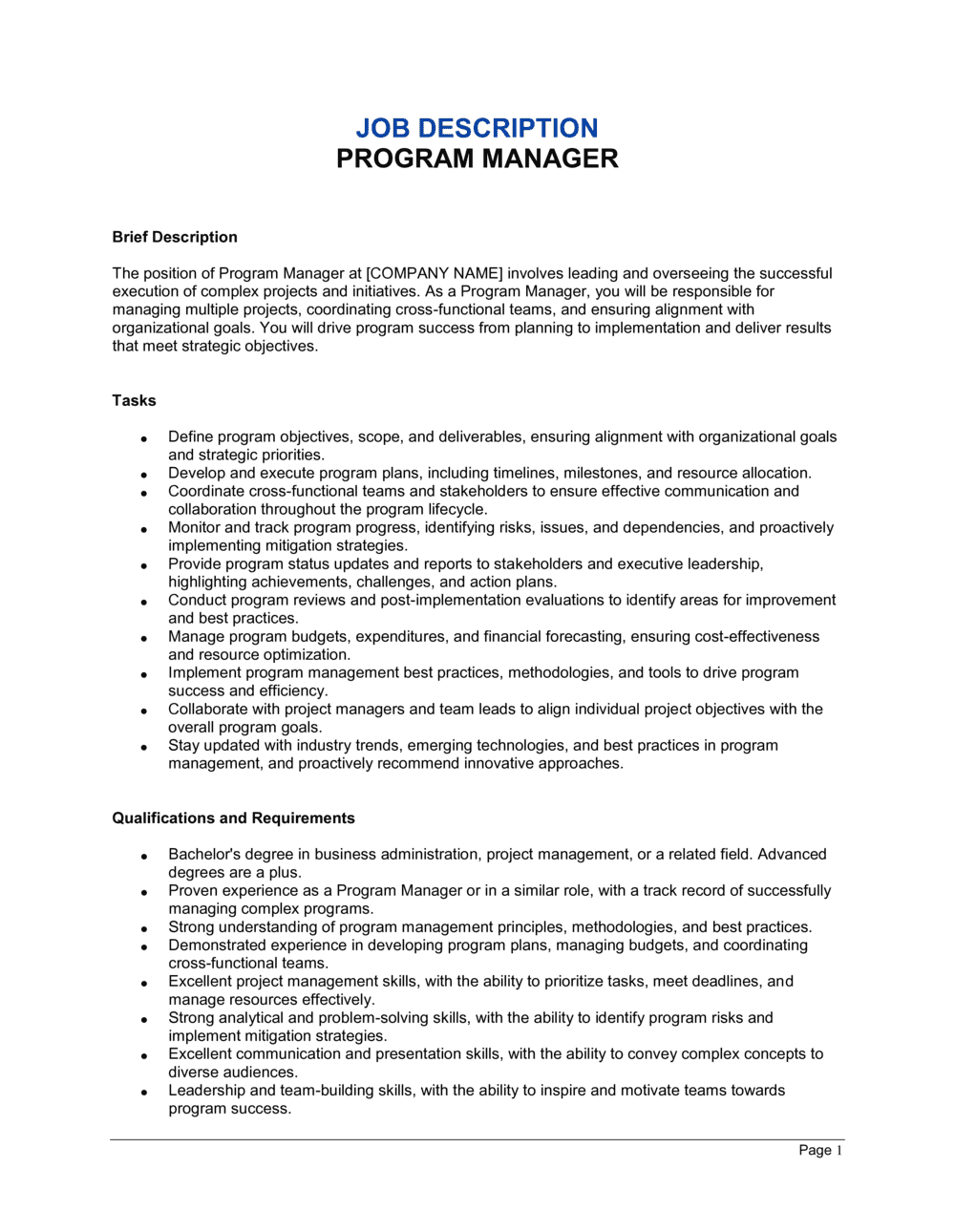 Program Manager Job Description Template [Free Download] Word & PDF