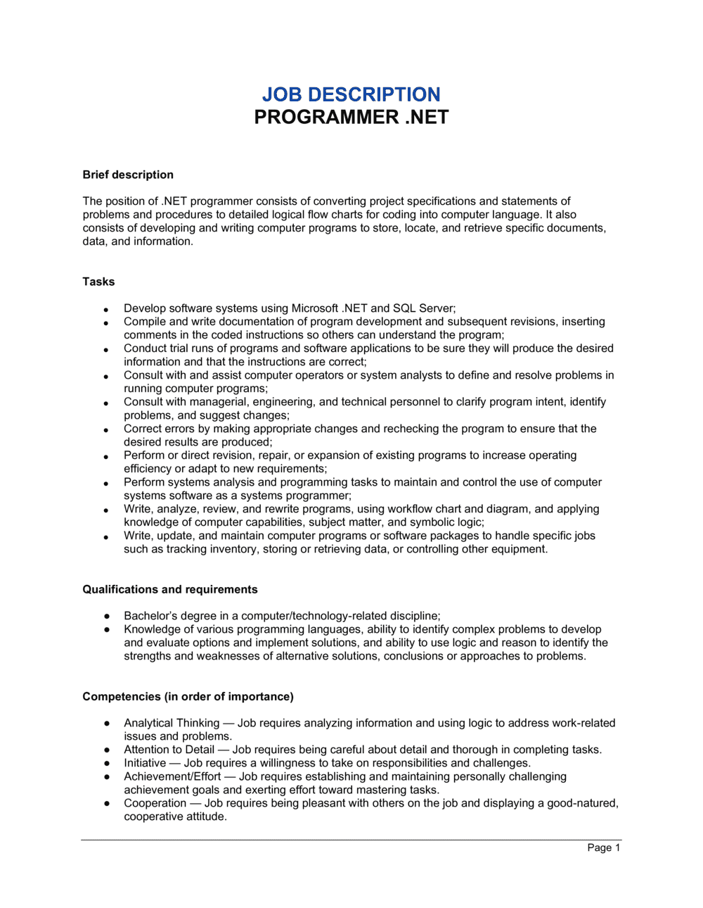 Programmer .NET Job Description Template